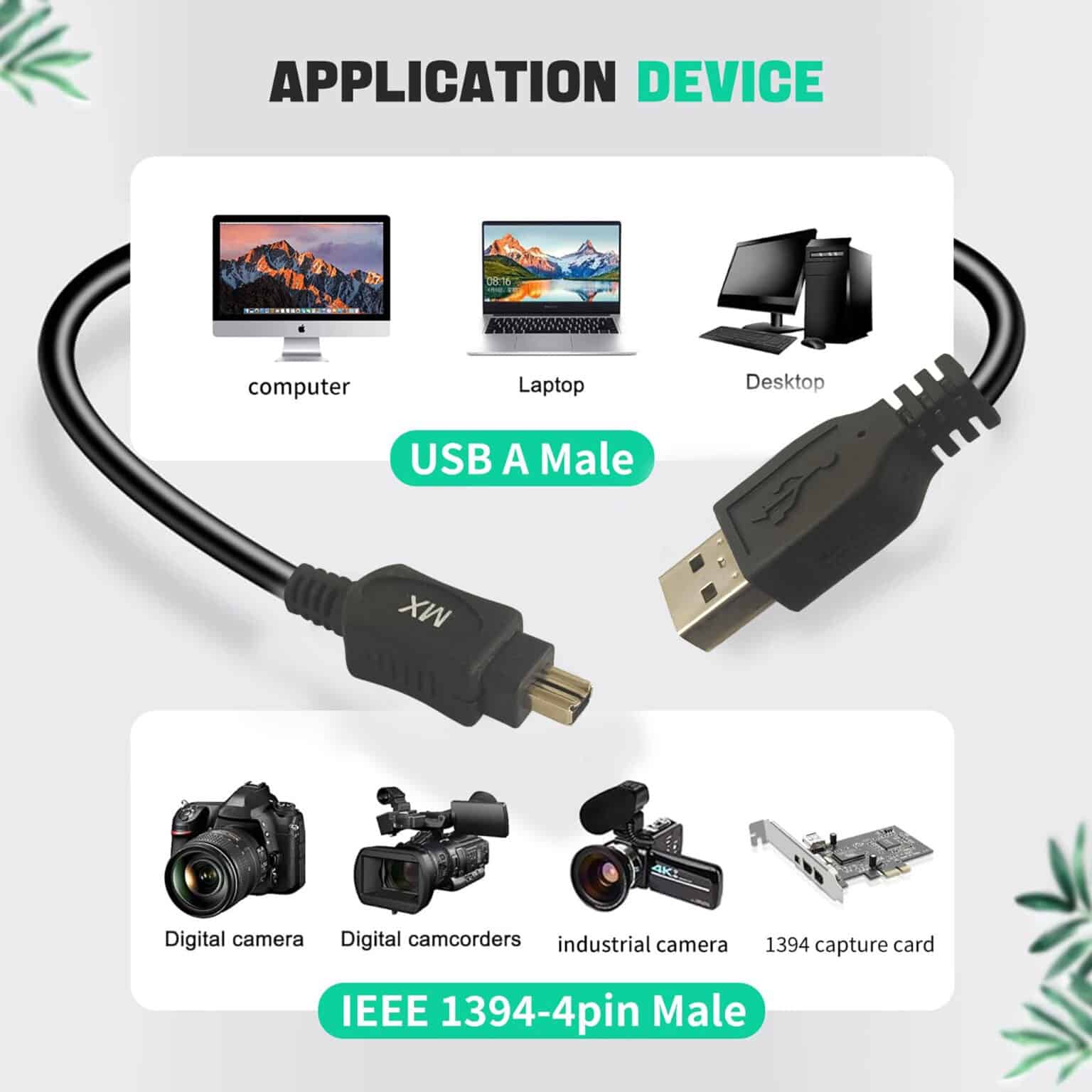 MX FireWire IEEE 1394 4 Pin Male to USB A Male Cord - 3 Meters - MX MDR ...