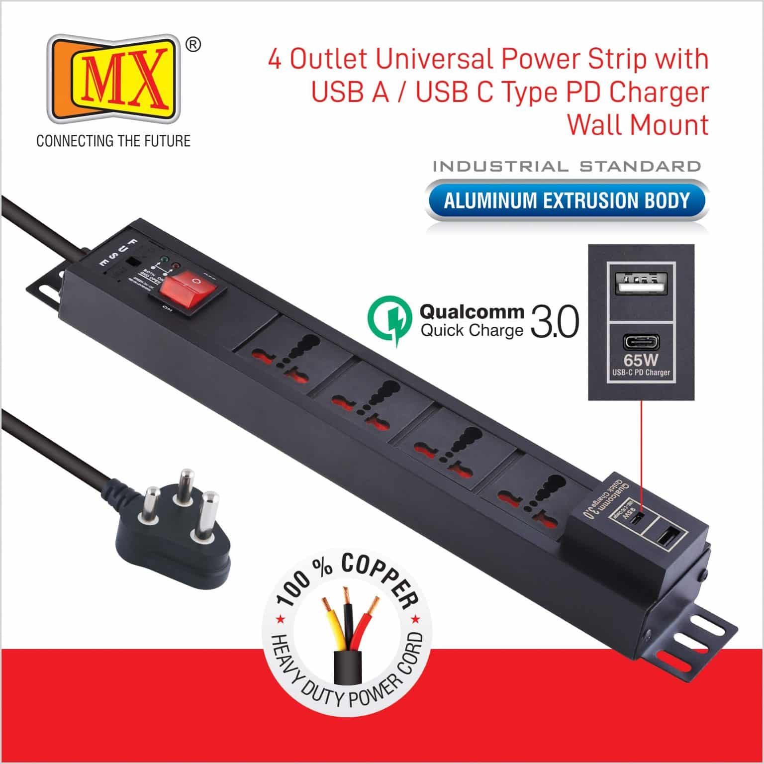 MX 4-Outlet Power Distribution Unit: 15A Universal Socket, USB-C PD 95W ...