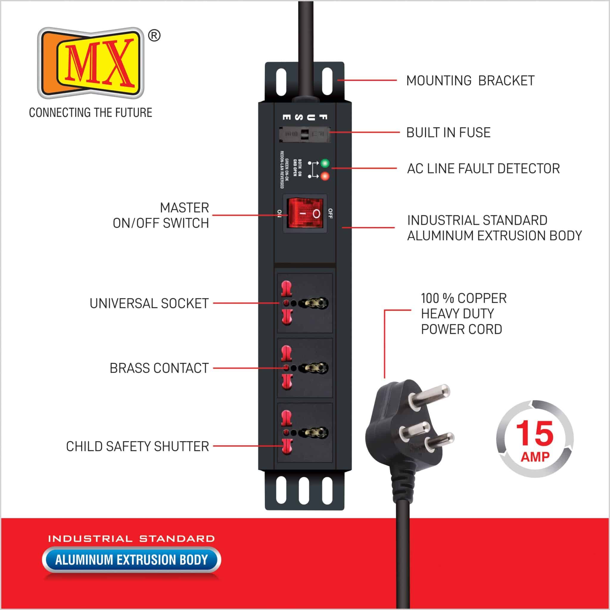 Mx Power Strip With 6 Universal Socket Individual Switch For Each Socket Power Indicator And
