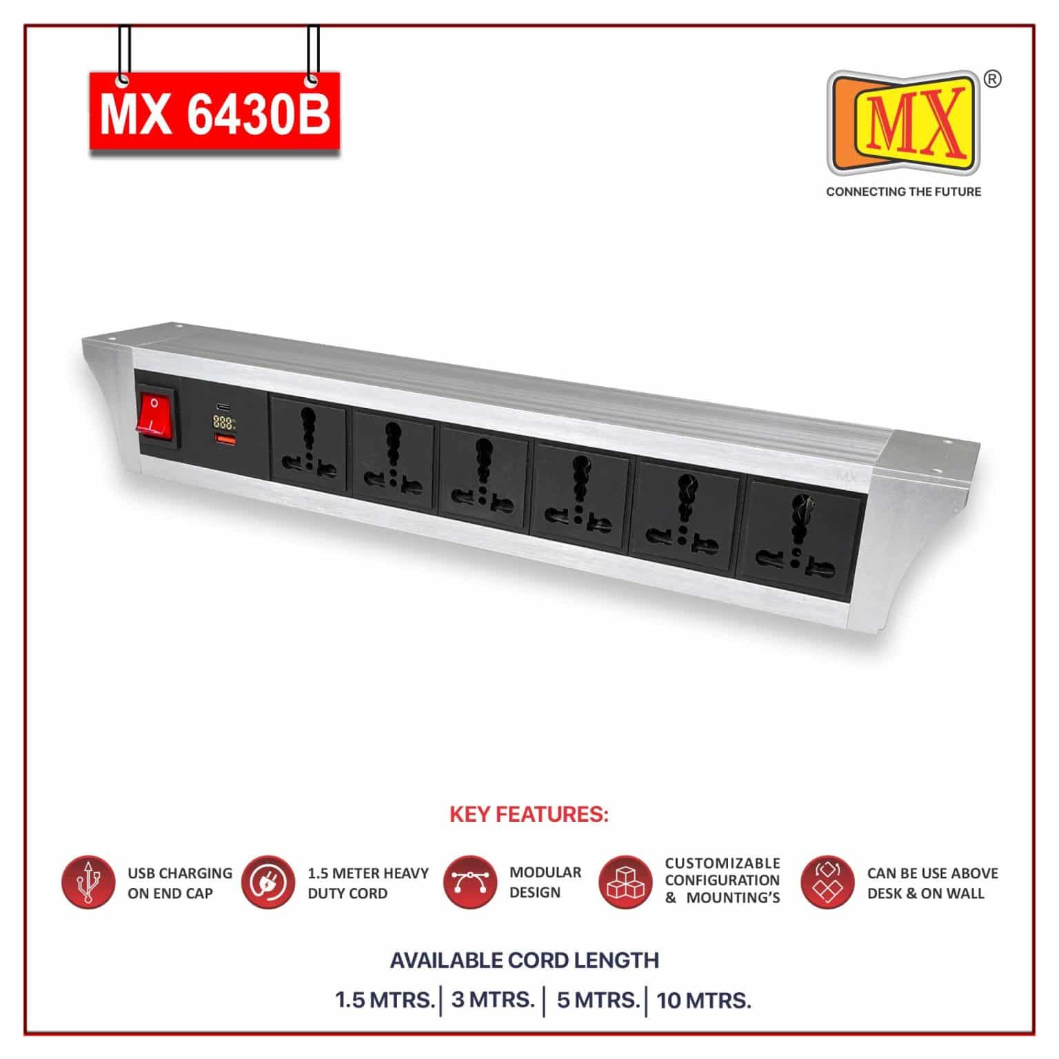MX PDU Under table 6/16 Amps 6 Universal Socket | 2 USB (2.4 Amp) with ...